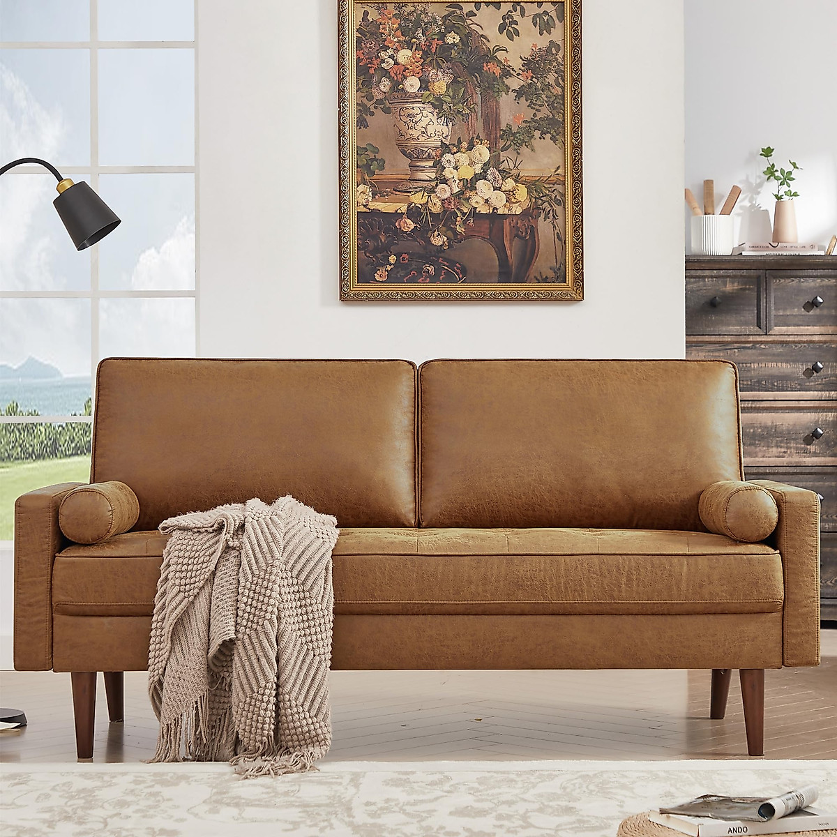 HIFIT Sofa Couch Set for Living Room, Mid Century Modern Faux Leather Sofa with Deep Love Seat & Fluffy Cushion, Living Room Furniture Sets, Small Sectional Couch for Bedroom/Office/Small Space, Brown