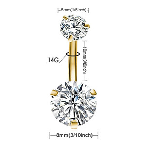 Belly Button Rings Round Cubic Zirconia Navel Barbell Stud Body Piercing (Gold)