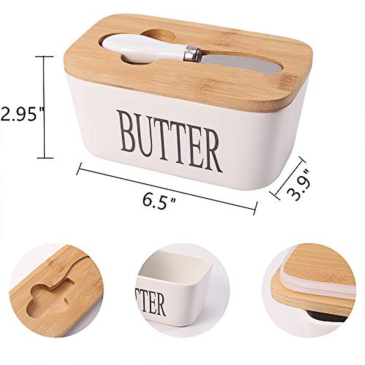 YCOCO Large Butter Dish with Lid,Ceramic Butter Container With Airtight Cover,Butter Keeper Double Silicone Seals with Knife for kitchen,Holds 2 Standard Stick,White
