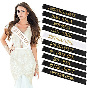 10 Pieces Birthday Sash for Women Birthday Party Supplies Happy Birthday Sash for Birthday Queen Sash Birthday Party Favors, 2 Colors(Black, White)