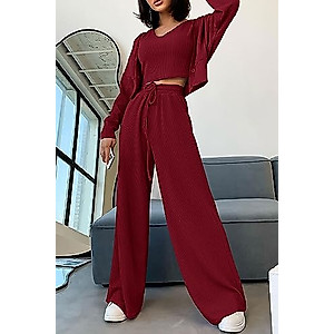 PRETTYGARDEN Womens 2024 Fall Track Suits 3 Piece Outfits Matching Sets Ribbed Knit Cardigan Cropped Tank Tops Wide Leg Pants (Wine Red,Medium)