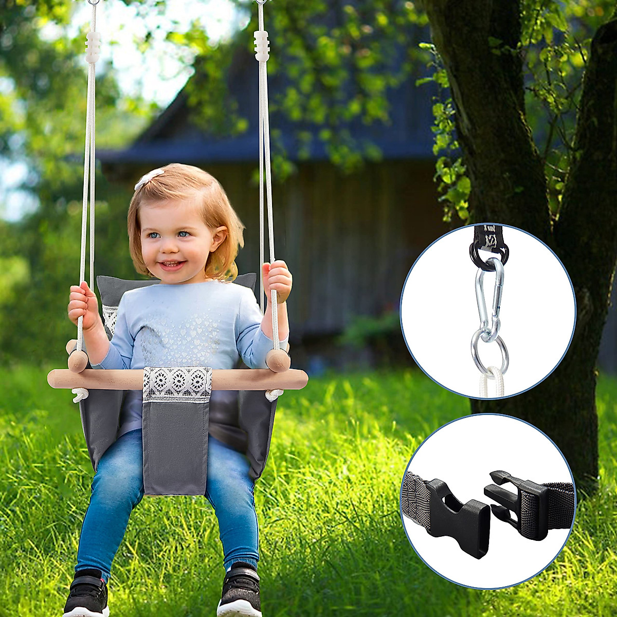 Secure Baby Swing Seat with Safety Belt - Baby Canvas and Wooden Swing Chair with Lace Décor Cushion - Hanging Indoor Swing for Infants & Baby Swing Outdoor - Tree Toddler Swing for Backyard Outside