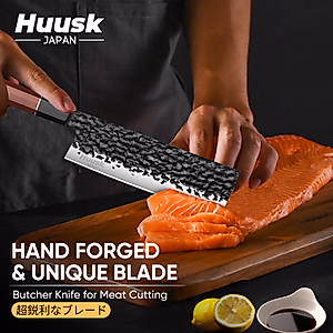 Huusk 7" Nakiri Chef Knife - Japanese Hand Forged Chopping Knives, 3 Layers 9CR18MOV High Carbon Kitchen Knife, Professional Sharp Cooking Knife with Ergonomic Handle for Meat, Vegetables, Fish