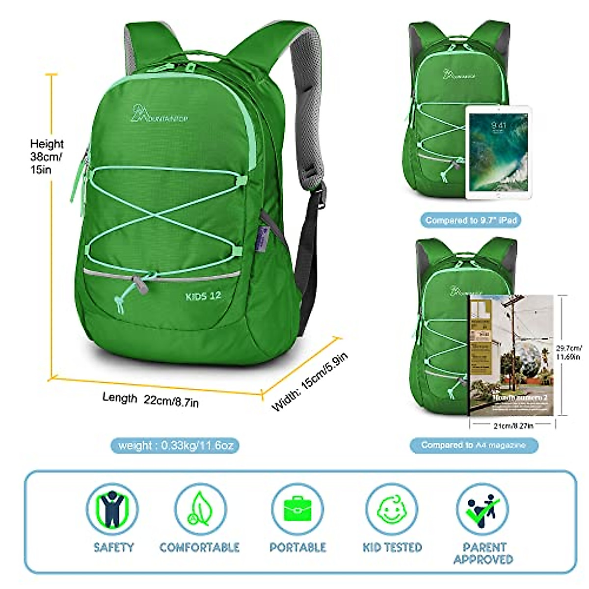 MOUNTAINTOP Kids Backpack for Boys Girls Preschool Water Resistant Lightweight Children Daypack 10L, Grass Green
