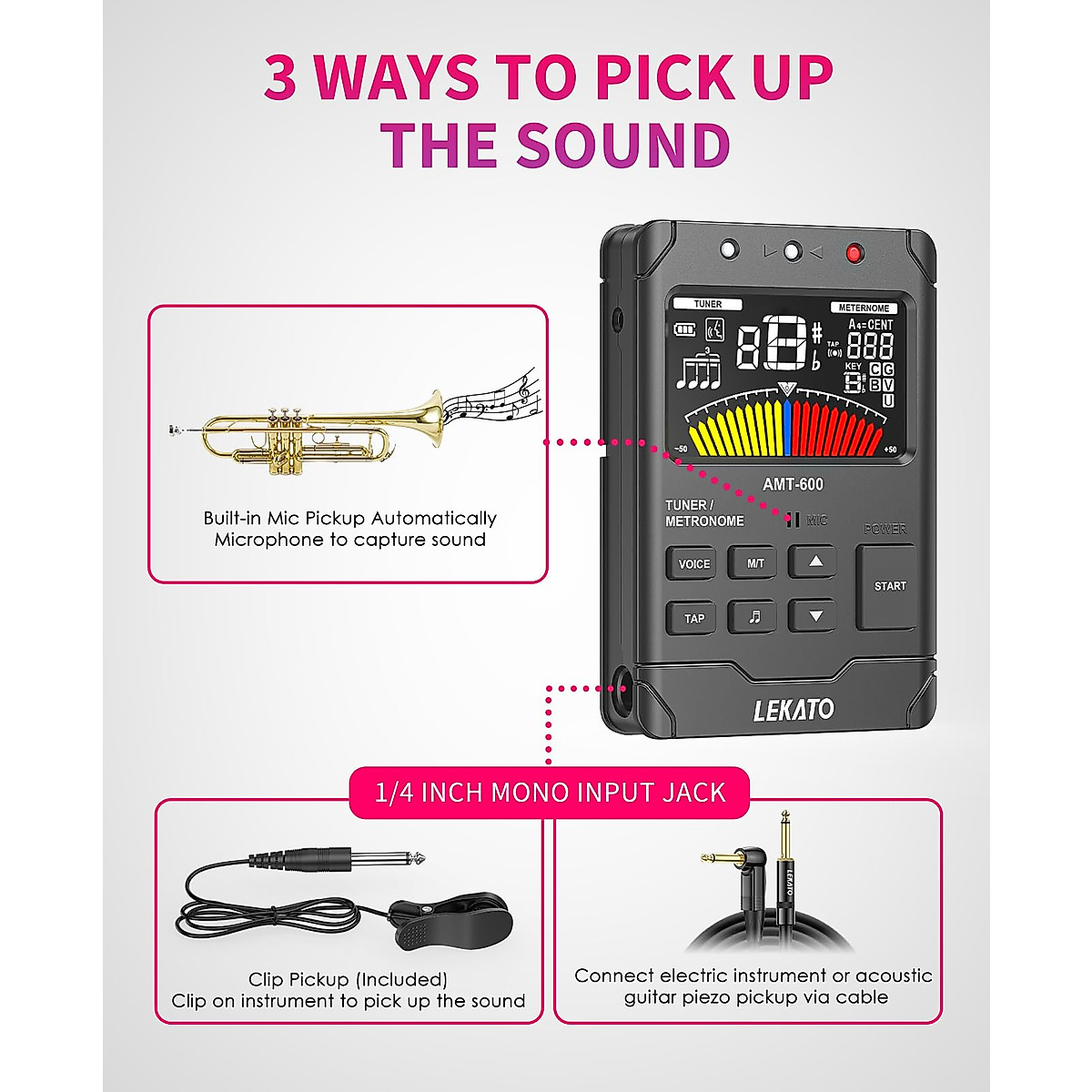 LEKATO Metronome Tuner, Rechargeable 3 In 1 Digital Metronome with TAP Tempo, Woman Vocal Counts, Tuner Tone Generator for Guitar Bass Violin Ukulele Chromatic for All Instruments