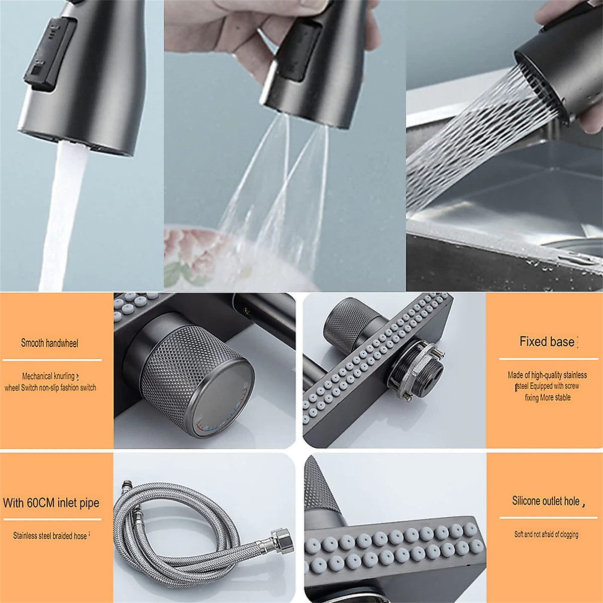 Kitchen Faucet with Pull Down Sprayer Stainless Steel Brushed Nickel Waterfall Faucet Farmhouse Commercial Bar Waterfall Kitchen Sink Faucet,Black