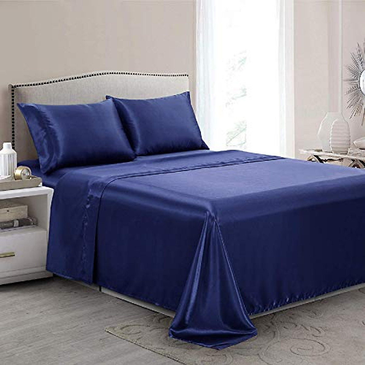 Cotton Home Depot Ultra Soft Silky Satin 4 Piece Sheet Set ( Flat Sheet + Fitted Sheet 16" Deep Pocket + 2 Pillow Cases ) Navy Blue Oversized Queen