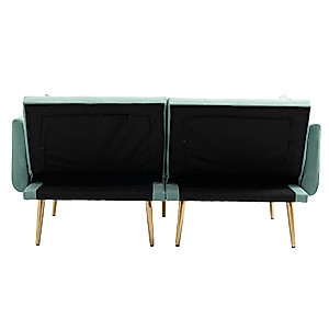 Convertible Futon Sofa Bed, 65 Inch Modern Velvet Tufted Upholstered Accent Loveseat Sofa with 2 Pillows and Adjustable Backrest Folding Sleeper Sofa Bed with Metal Legs for Living Room, Mint Green
