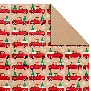 Hallmark Recyclable Kraft Christmas Flat Wrapping Paper Sheets with Cutlines on Reverse (12 Folded Sheets with Sticker Gift Tags) Rustic Red Trucks, White Snowflakes, "Merry Christmas" Lettering