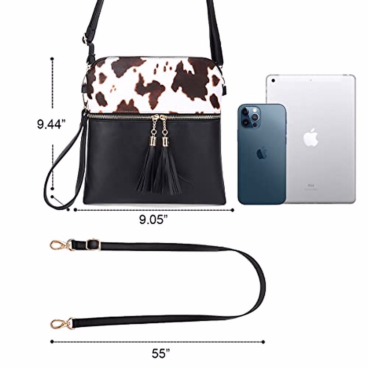 Sunwel Fashion Cow Print Wristlet Tassel Purse-Zipper Pockets Crossbody Bag Shoulder Handbag for Women Girls
