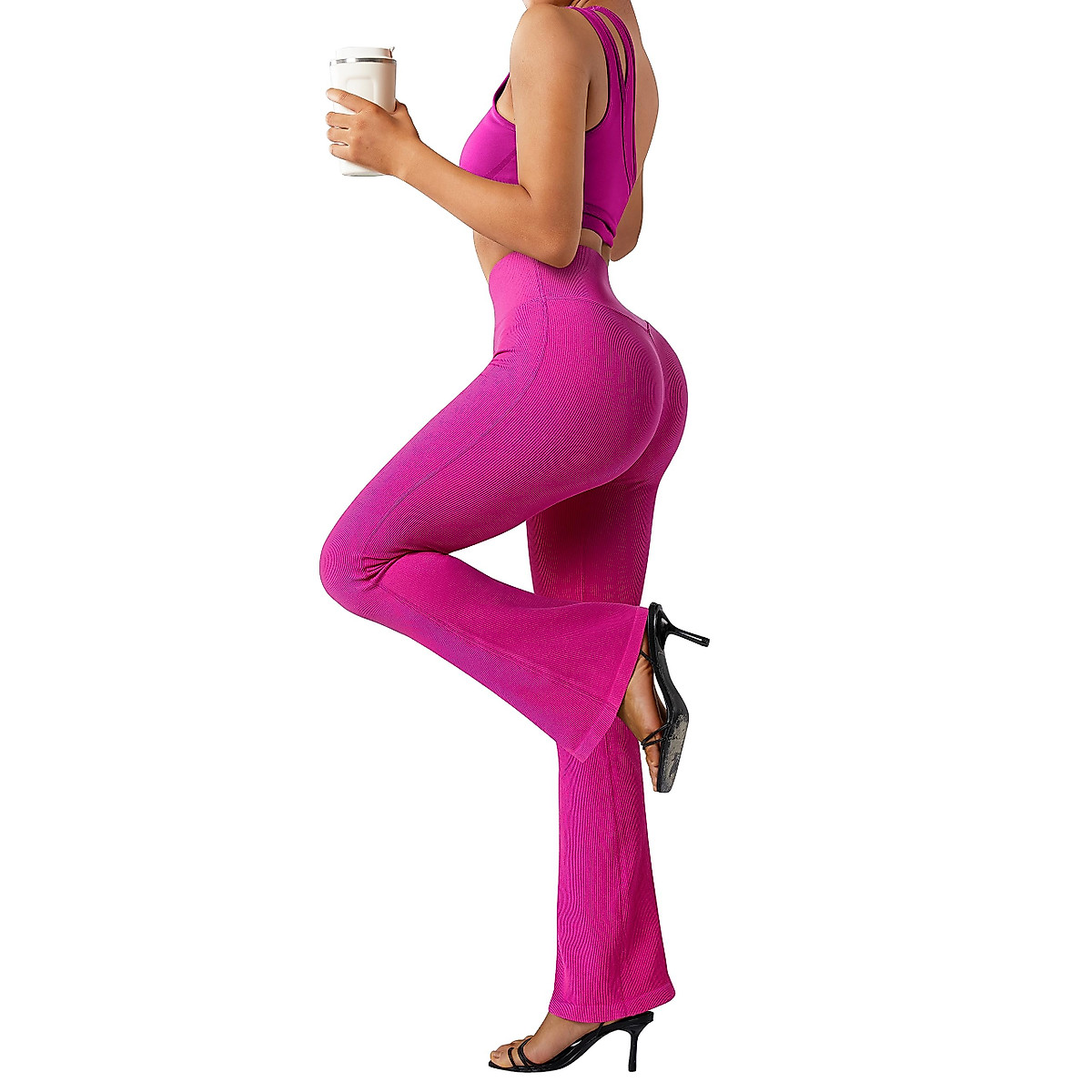 SUUKSESS Women Ribbed Seamless Tummy Control Flare Leggings Bootcut High Waist Workout Yoga Pants 29'' (Hot Pink,M)