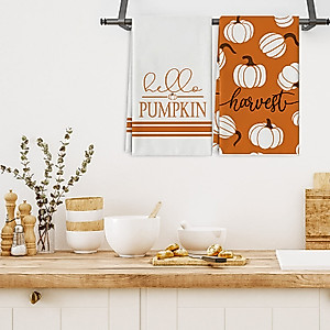 AnyDesign Fall Kitchen Dish Towel 18 x 28 Inch Pumpkin Maple Leaves Harvest Tea Towel Autumn Orange White Dishcloth Rustic Farmhouse Hand Drying Cloth Towel for Holiday Kitchen Cooking Baking, 4 Pack