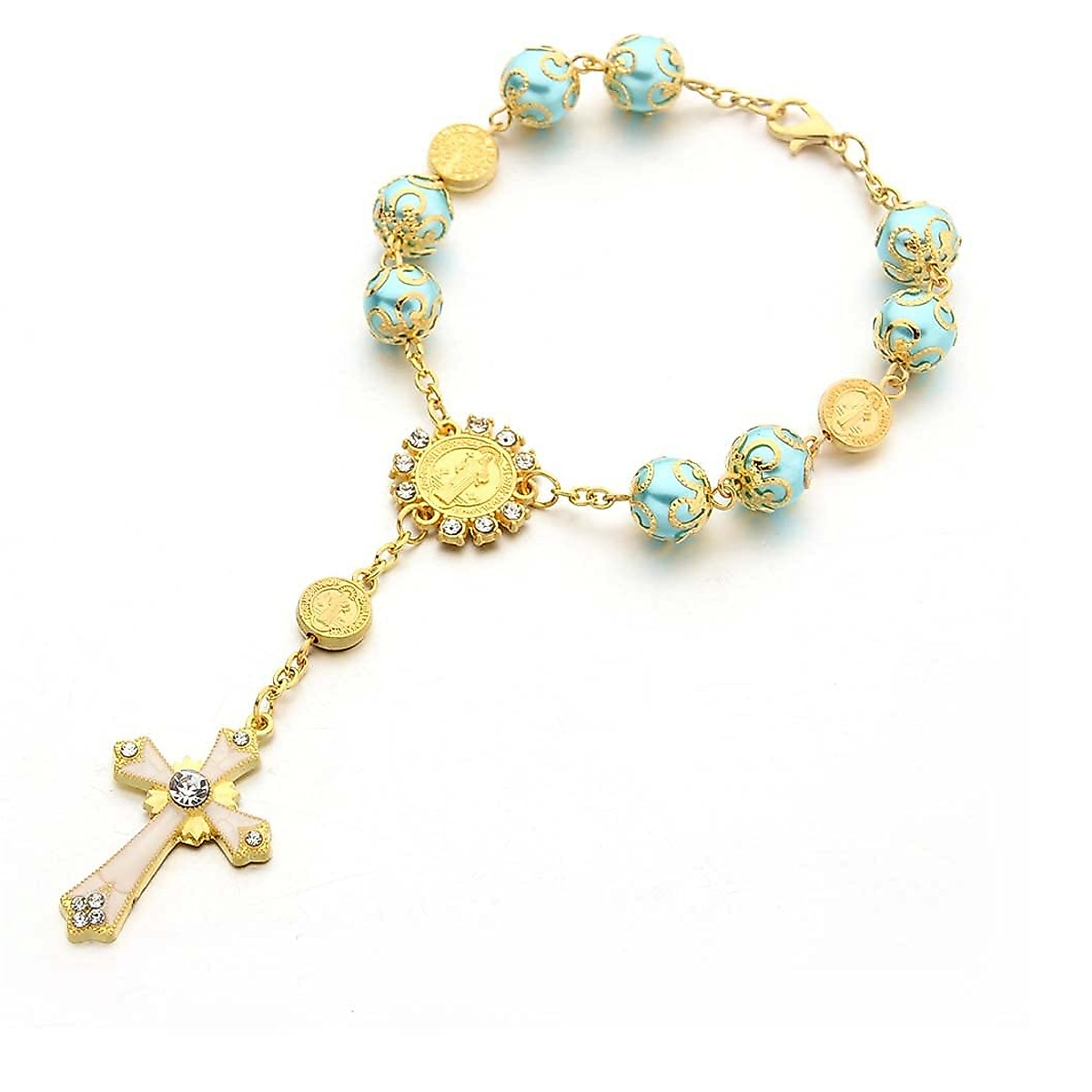 Faith & Gospel Blue Gold Rosary Beads Bracelet Medal Catholic Cross Religious Prayer Chaplet Handmade Communion Confirmation Car Pocket