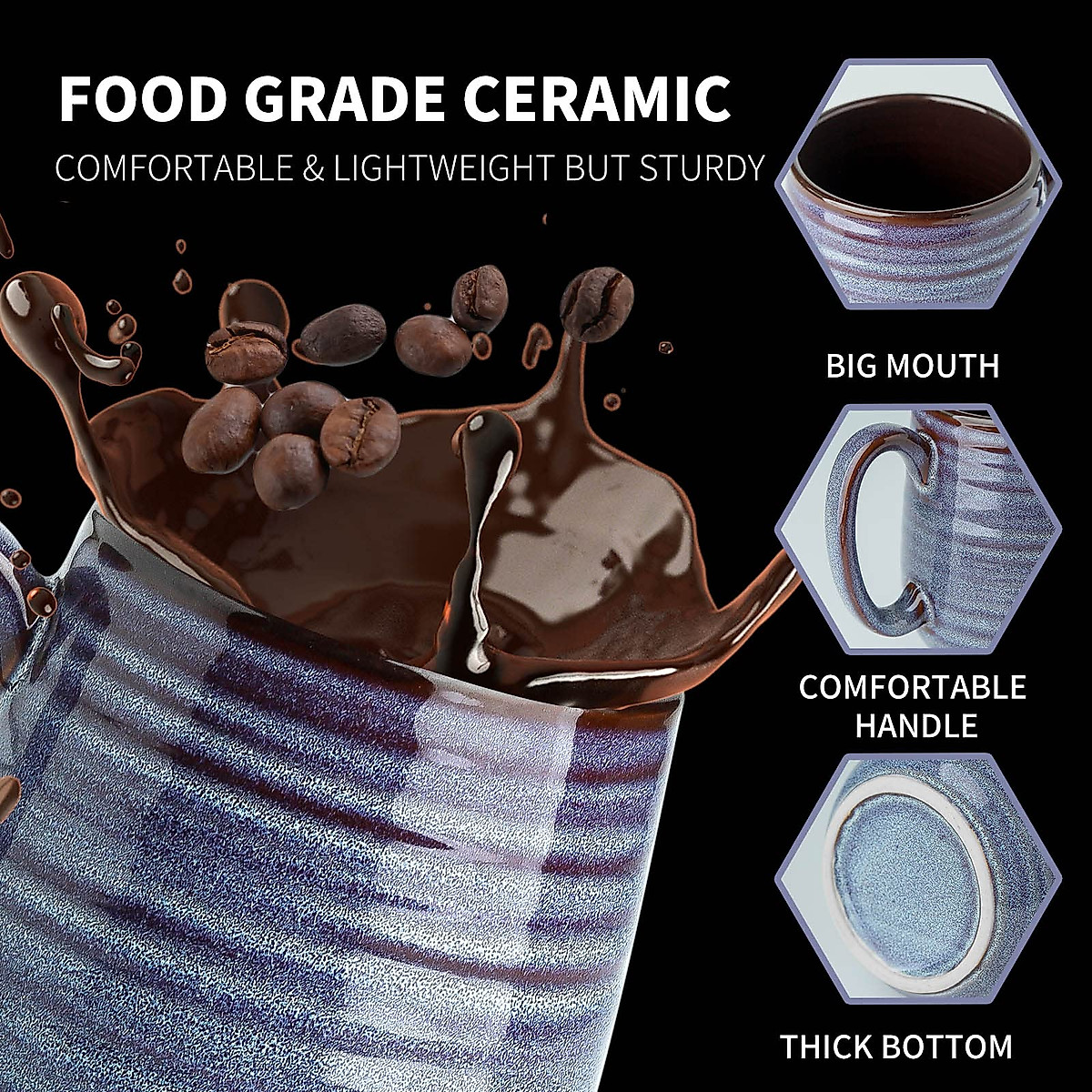 Hasense Large Coffee Mugs Set of 2, Ceramic 20 oz Coffee Cups for Office and Home, Modern Coffee Mug with Big Handle for Latte Coffee Tea Soup as Gifts, Dishwasher & Microwave Safe, Blue and Purple