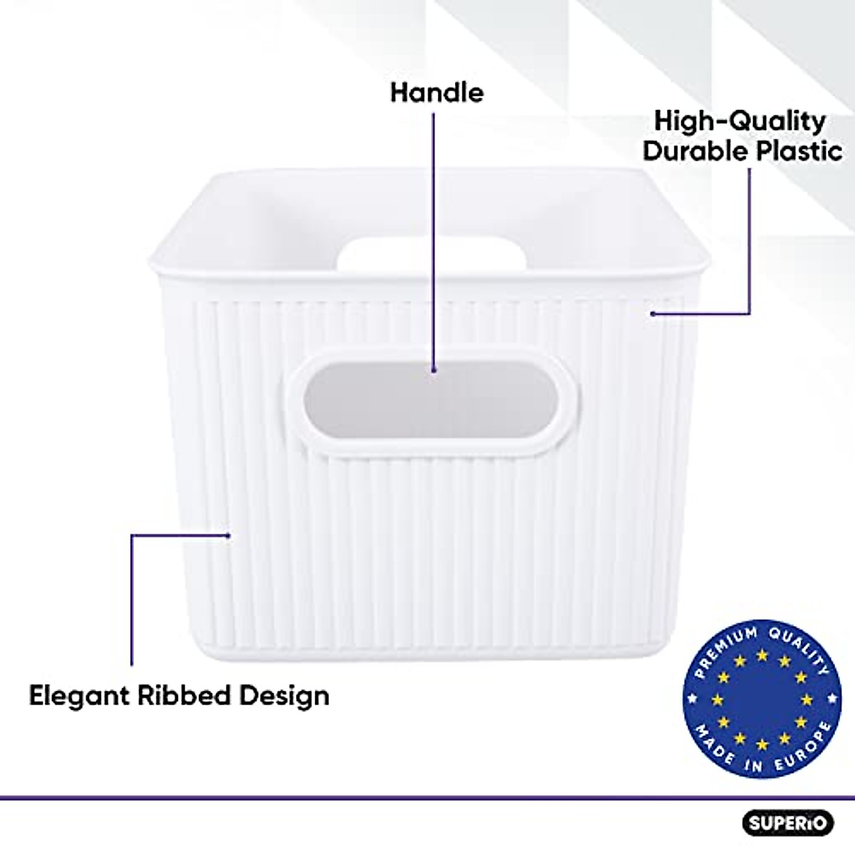 Superio Decorative Plastic Open Home Storage Bins Organizer Baskets, Medium White (1 Pack) Container Boxes for Organizing Closet Shelves Drawer Shelf - Ribbed Collection 5 Liter