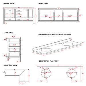 ARIEL Double Bathroom Vanity 73" Espresso with 1.5" Edge Pure White Quartz Countertop & Backsplash, Center Oval Sinks, 4 Soft Closing Doors, 6 Full Extension Dovetail Drawers, Brushed Nickel