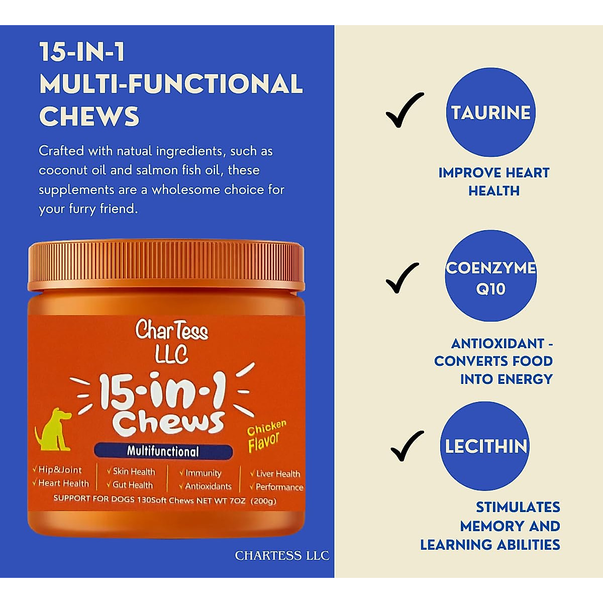 15-in-1 Multivitamin Dog or Cat Chews - Salmon Oil, Immune Support, Heart Health, Hip and Joint Health - 130 Soft Chews