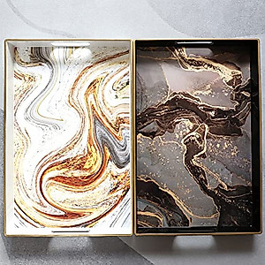 Leemxiiny Black Marbling Decorative Tray with Handles, Morden Plastic Rectangular Serving Tray for Coffee Table Bathroom, Ottoman, Home Decor, 15.7"* 10.2"* 1.38"