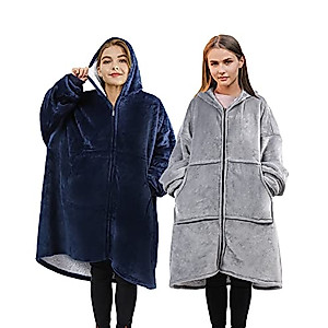 Wearable Blanket Hoodie for Adult Women Men - Oversized Hooded Blanket Sweatshirt with Giant Pocket and Elastic Sleeve (Navy Blue-Long)