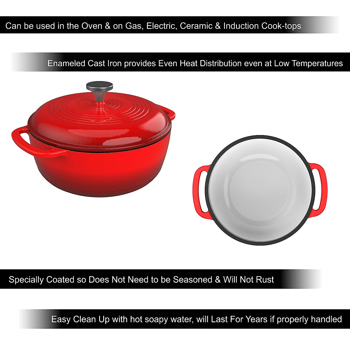 Classic Cuisine Cast Iron Dutch Lid 6 Quart Enamel Coated Oven or Stovetop-For Soup, Chicken, Pot Roast and More-Kitchen Cookware, Red