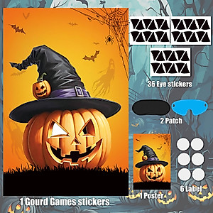 Hxezoc Halloween Games for Kids, Pin The Eyes on The Pumpkin with 24 Pcs Eye Stickers, Pin The Tail Party Games for Boys Girls Halloween Party Birthday Party Supplies