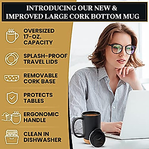 Cork Base Ceramic Mug with Lid (Set of 2) - 17 oz. Oversized Coffee Mugs Set with Removable Insulated Cork Bottom & Spillproof Lids - Great for Tea & Hot Cocoa - Wash in Dishwasher - BLACK