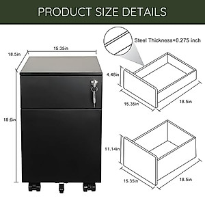 Daesar 2 Drawer Mobile File Cabinet with Lock Metal Filing Cabinet for Legal/Letter/A4/F4 Size, Fully Assembled Include Wheels, Home/Office Design, Black