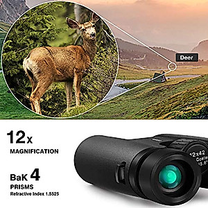 12x42 Binoculars for Adults, Portable and Waterproof Compact Binoculars with Low Light Night Vision, HD Clear High Power Large View Binoculars with Upgraded Phone Adapter for Bird Watching, Hunting