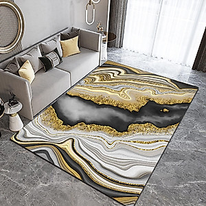 Modern Abstract Black Gold Marble Texture Area Rugs, Light Luxury Black and White Gold-Plated Indoor Non-Slip Kids Rugs, for Living Room Bedroom Kitchen Entryway Floor Mat-5x6ft