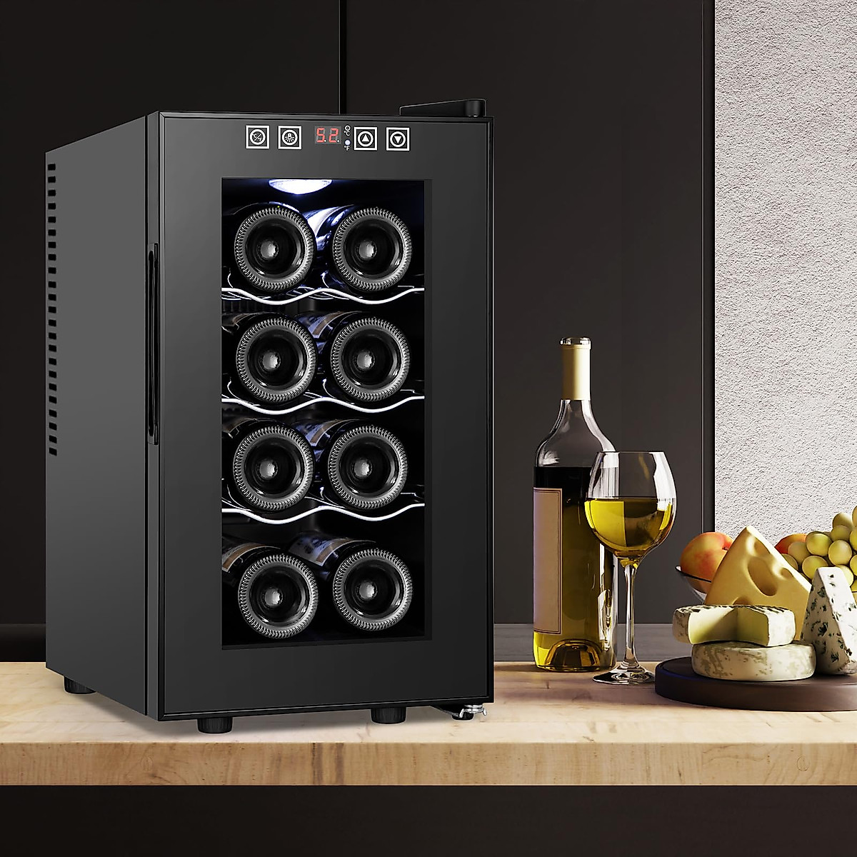 8 Bottle Small Wine Fridge, Mini Wine Cooler with Removable Shelves Interior Light Digital Touch Control, Double-Layer Tempered Glass Door Wine Cooler Refrigerator