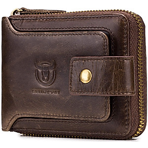 BULLCAPTAIN Men’s Genuine Leather Wallet,RFID Blocking Zip Around Bifold Multi Purse Cowhide Leather Vintage Secure Card Holder with ID Window (Brown)