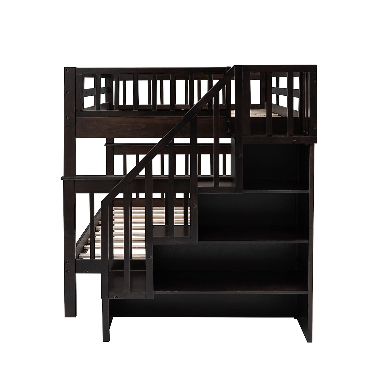 Harper & Bright Designs Full Over Full Bunk Bed with Stairs, Solid Wood Bunk Bed with Storage and Guardrail for Kids Teens Adults (Espresso)