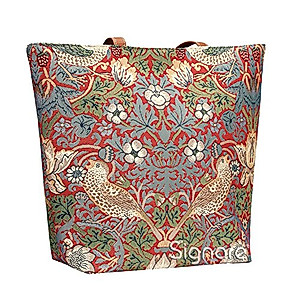 Signare Tapestry Shoulder Bag Tote Bag for Women with Red Flower and Bird William Morris Strawberry Thief Design (SHOU-STRD)