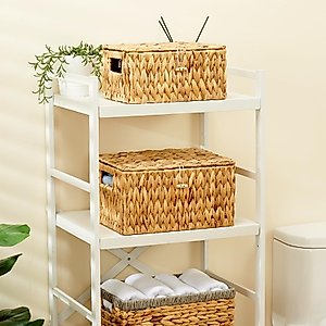 Edergoo Wicker Basket with Lid, Water Hyacinth Storage Baskets for Shelves, Large & Small Wicker Storage Basket with Lid and Built-in Handles, Hand Woven Wicker Baskets for Storage 2 Pack