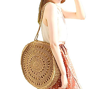Women's Girl Boho Handwoven Rattan Straw Bag Shoulder Bag Handbag (Brown)