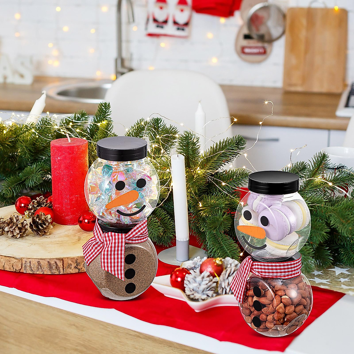 Jingmore 36 Pcs Plastic Candy Jars for Christmas Party Favors Snowman Christmas Candy Jars with Lids Clear Xmas Cookie Jar Container Chocolate Storage Jar with Stickers, Ribbon for Marshmallow Gift