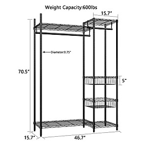 Xiofio 6 Tiers Heavy Duty Garment Rack,Clothing Storage Organizer,Metal Clothing Rack, Adjustable Clothing Rack with Hanging Rod and Wire Fixing Baskets,46.7"L x 15.7"W x 70.5"H Max Load 600LBS,Black