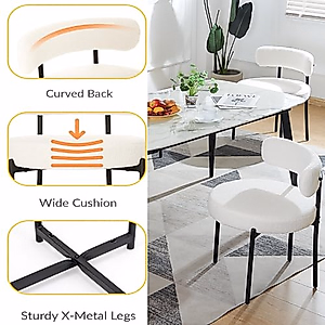 RIGHTPARTS Boucle Dining Chairs Set of 2, Modern Upholstered Tufted Dining Room Chairs, Mid Century Furry Round Kitchen Chairs Curved Backrest Metal Legs Easy Assemble (White, 2)