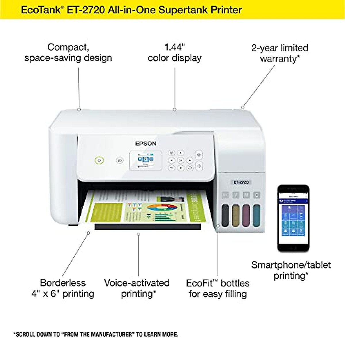 Epson (Renewed) EcoTank ET-2720 Wireless All-in-One Supertank Color Inkjet Printer, White - Print Scan Copy - 10.5 ppm, 5760 x 1440 dpi, 1.44" LCD, Voice Activated, Ethernet, Borderless Print