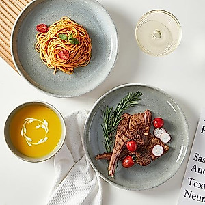 Pokini Gradient Green Stoneware Dinnerware Set, 12pcs Reactive Glaze Plates and Bowls Sets, Handmade Round Dishes Set for 4,Highly Chip and Crack Resistant Modern Plate Set