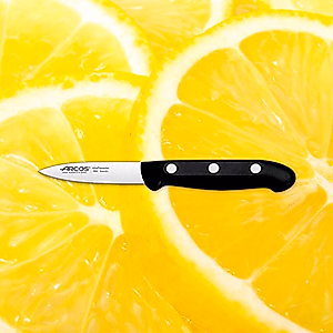 ARCOS Paring Knife 3 Inch Stainless Steel. Professional Kitchen Knife for Peeling Fruits and Vegetables. Ergonomic Polyoxymethylene Handle and 80mm Blade. Series Maitre. Color Black