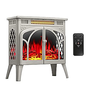 Antarctic Star Electric Fireplace Stove, Electric Fireplace Heater Freestanding with 3D Logs and Realistic Flame, Remote Control, Overheating Protection & All Steel Design, Adjustable Brightness Beige