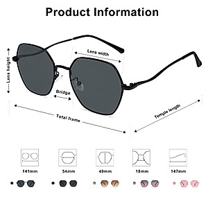 SOJOS Hexagon Square Polarized Sunglasses for Women Men Retro Gold Rim Wire Frame Polygon Shades SJ1101, Black Frame/Grey Lens
