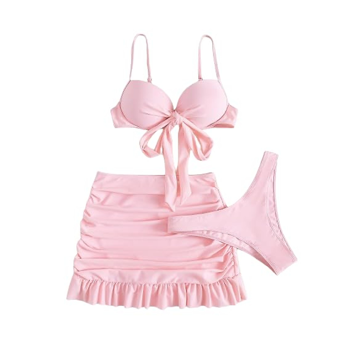 WDIRARA Women's 3 Pieces Tie Front Push Up Bikini Swimsuit with Ruched Ruffle Hem Beach Skirt Pink L