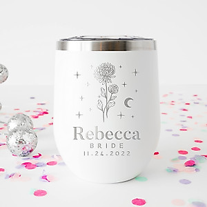 UNITED CRAFT SUPPLIES Personalized Bridesmaid Wine Tumbler W/Name & Title, Bridesmaid Gifts, 10 Colors 12 Birth Flower, Engraved Stemless Wine Tumbler W/Lid, Bridesmaid Proposal Gifts