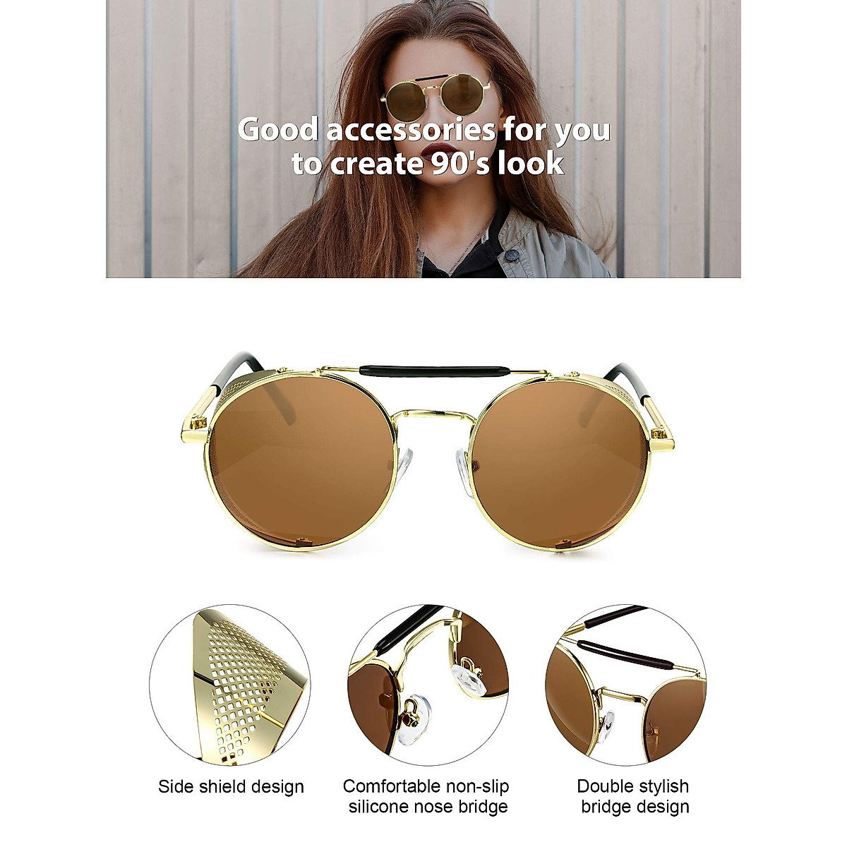 4 Pairs Steampunk Sunglasses Retro Gothic Sunglasses Unisex Vintage Sunglasses (Black Frame Grey Lens, Silver Frame Silver Lens, Gold Frame Brown Lens, Brown Frame Brown Lens)