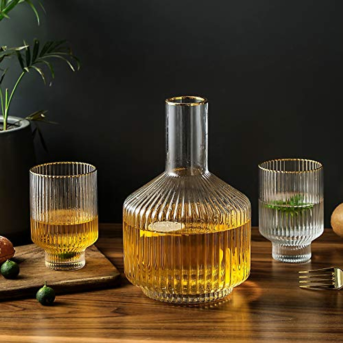 G bedside water carafe glass 1 pitcher 2 cups set for night time water decanter Carafe 59 oz Tumbler 12.5 oz night-stand table bedroom handy jug crystal clear vintage home office desk