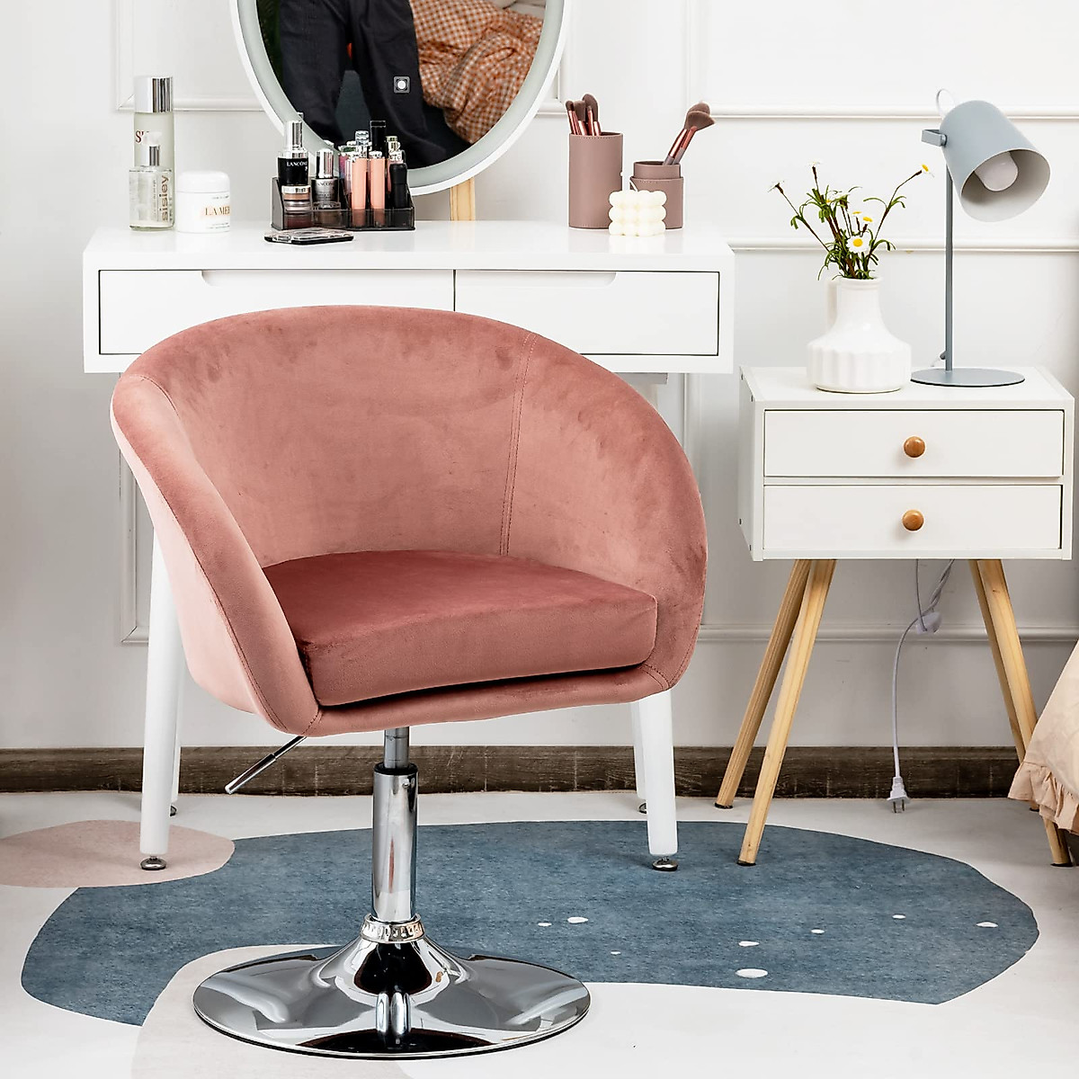 COSTWAY Vanity Chair, Height Adjustable Modern Velvet Makeup Chair with Chrome Frame, Round-Back, Comfortable Swivel Accent Leisure Chair for Living Room, Bedroom (Pink)