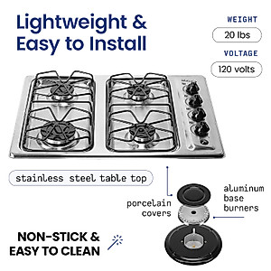 ABBA 24" Gas Cooktop with 4 Burners - Stainless-Steel Table Top with SABAF Aluminum Burners And Porcelain Surface, Home Improvement Essentials, Anti Spill & Easy to Clean, 24" x 3.5" x 19"