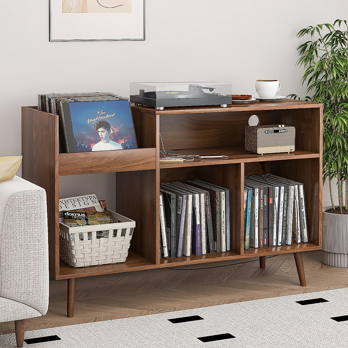 Oubayajia Record Player Stand with Charging Station & USB Ports, Mid-Century Turntable Stand Table Holds Up to 300 Albums, Vinyl Record Storage Cabinet with Wood Legs for Living Room Office(walnut)